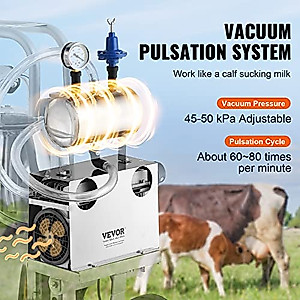 VEVOR Electric Cow Milking Machine, 6.6 Gal / 25 L 304 Stainless Steel Bucket, Automatic Pulsation Vacuum Milker, Portable Milker with Food-Grade Silicone Cups and Tubes, Adjustable Pressure