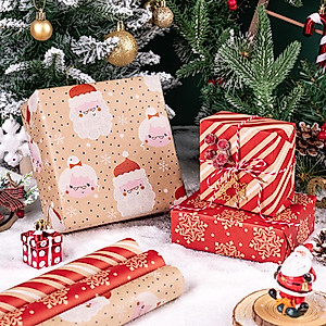 WRAPAHOLIC Kraft Christmas Wrapping Paper Roll - Mini Roll - 3 Rolls - 17 Inch X 120 Inch Per Roll - Red and White Santa Claus, Snowflake Holiday Collection with Faint Fragrance