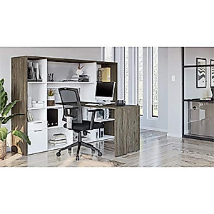 Bestar Gemma 2-Piece Set Including One L-Shaped Desk with Hutch and One Bookcase in Walnut Grey & White