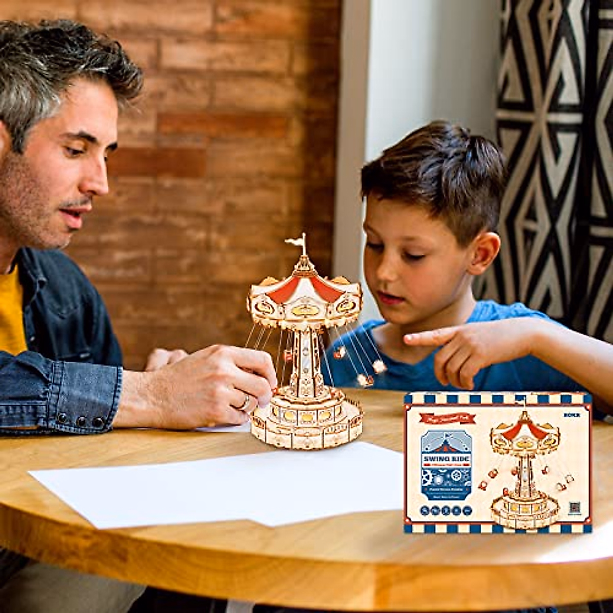 ROKR 3D Puzzles Wooden Music Box Kit with LED, Rotating Swing Ride Mechanical Model Kit DIY Wood Craft Hobbies Kit for Adults Birthday for Boys/Girls