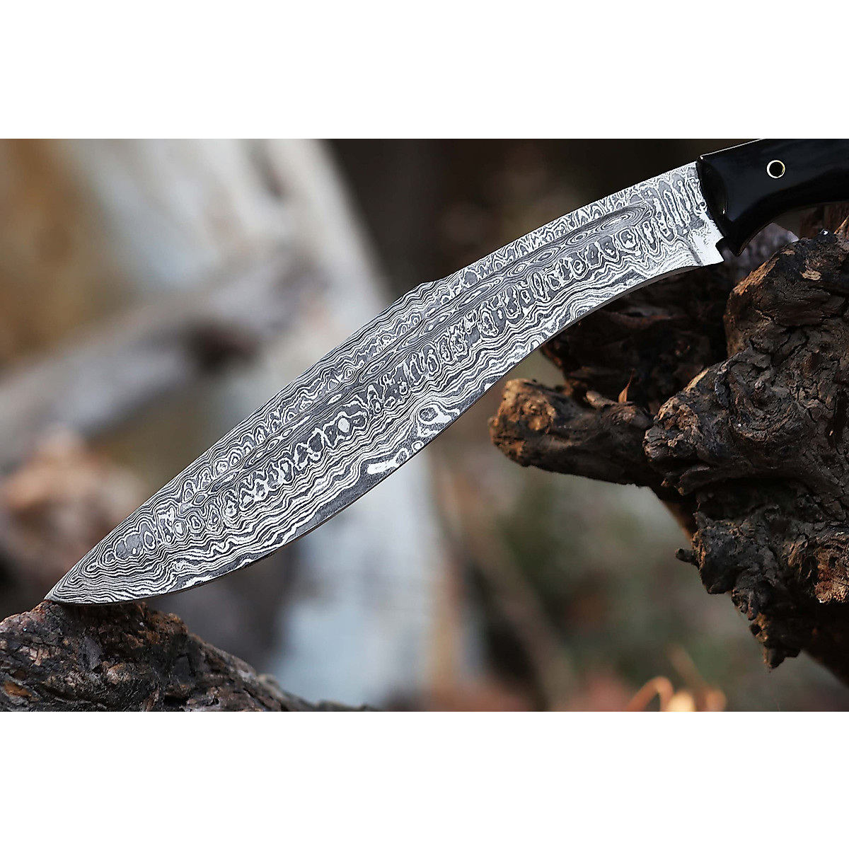 12.5 Inch long Hunting knife, Collectible knife, Natural Camel bone scale embellished with engraved brass finger guard, foil work spacer and pommel, Hand forged Twist pattern Damascus steel blade, Comes with Leather sheath