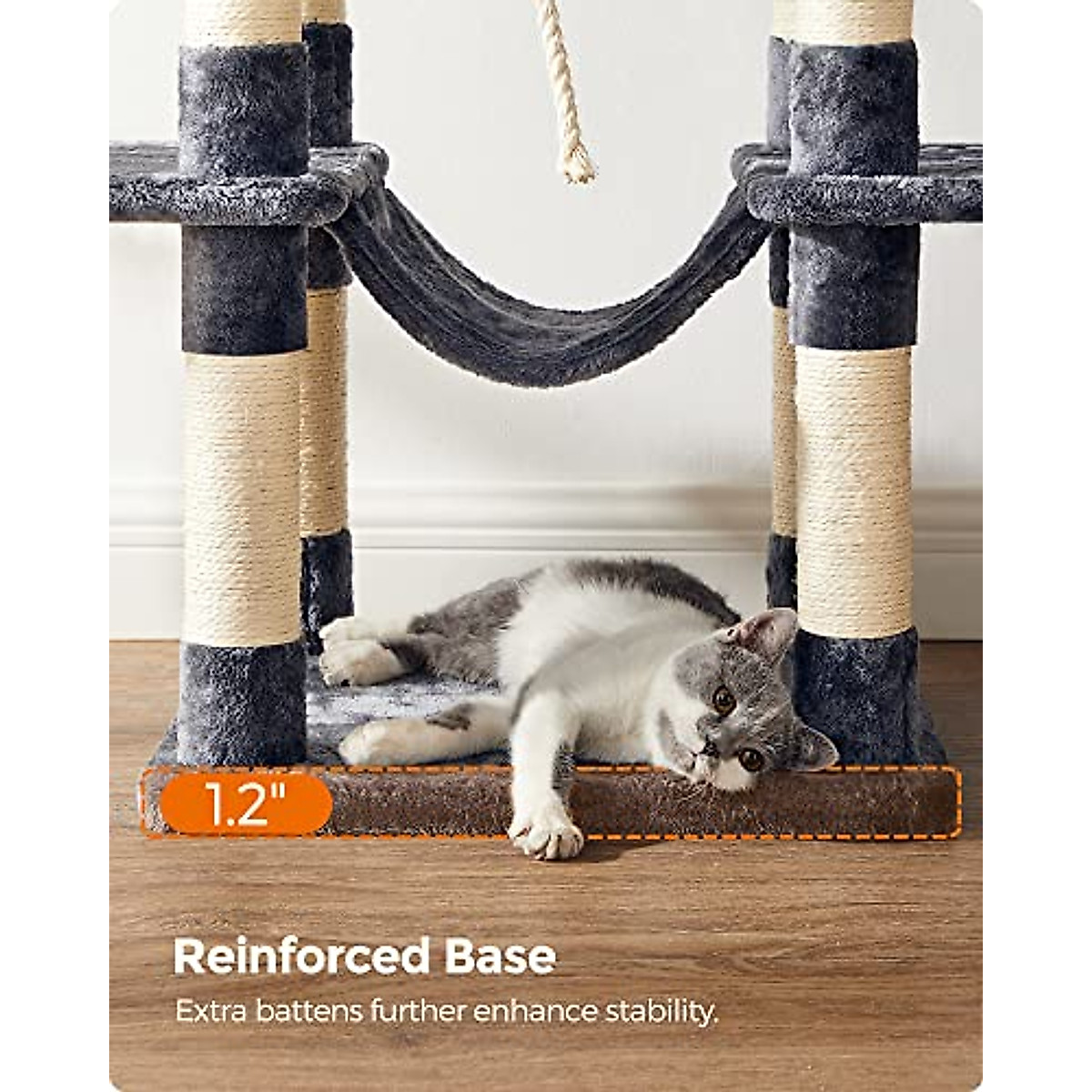 FEANDREA Cat Tree, Large Cat Tower, 64.6 Inches, Cat Activity Center with Hammock, Basket, Removable Fur Ball Sticks, Cat Condo, Smoky Gray UPCT087G01