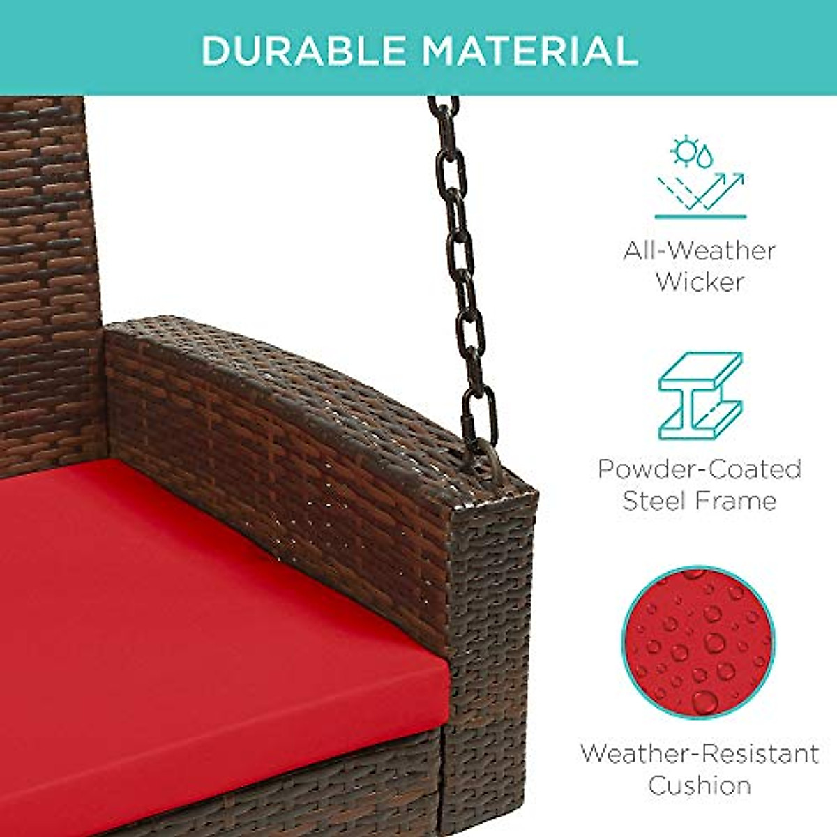 Best Choice Products Woven Wicker Outdoor Porch Swing, Hanging Patio Bench for Deck, Garden w/Mounting Chains, Seat Cushion - Brown/Red