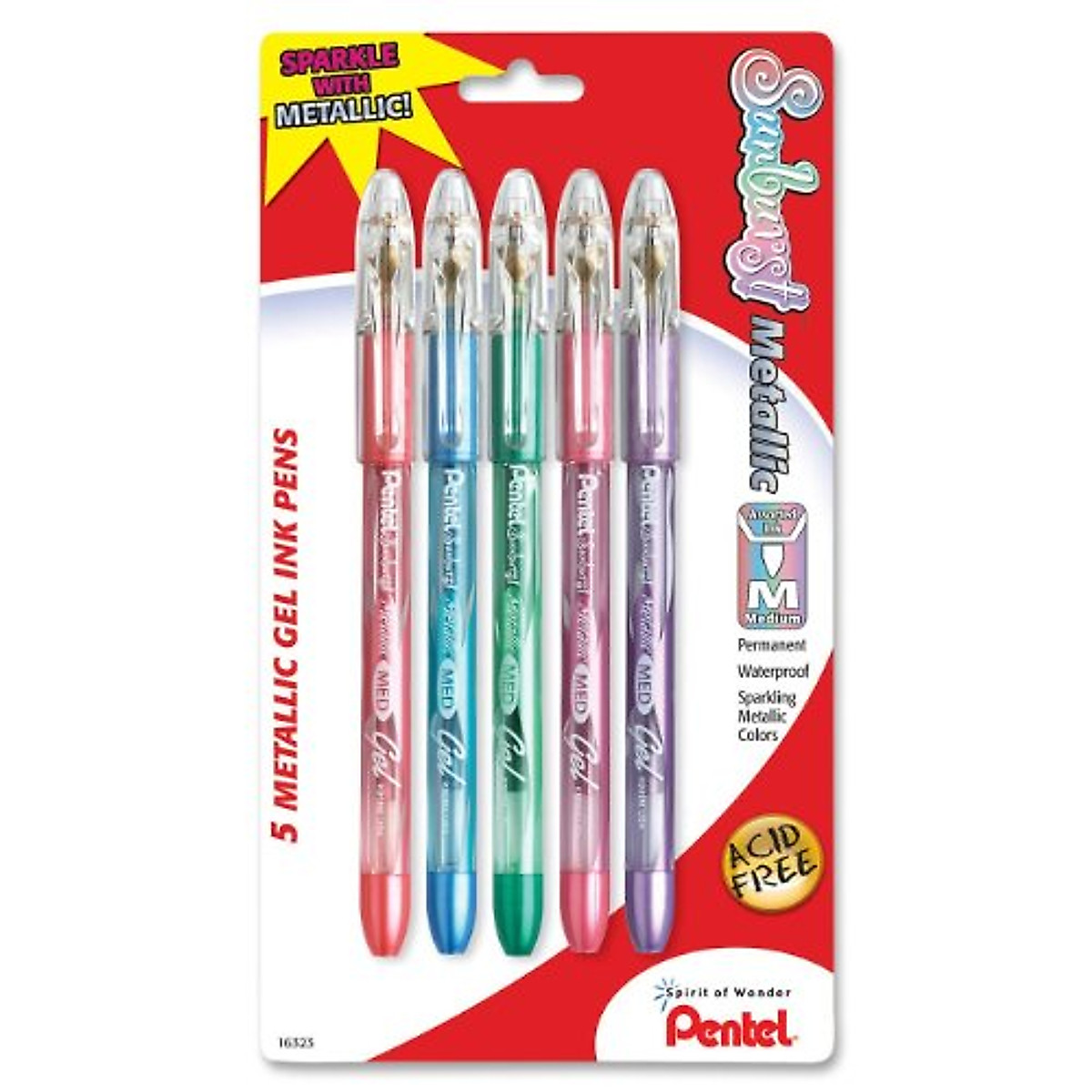 Pentel Sunburst Metallic Gel Pen, Medium Line, Permanent, Assorted Ink, 5 Pack (K908MBP5M)