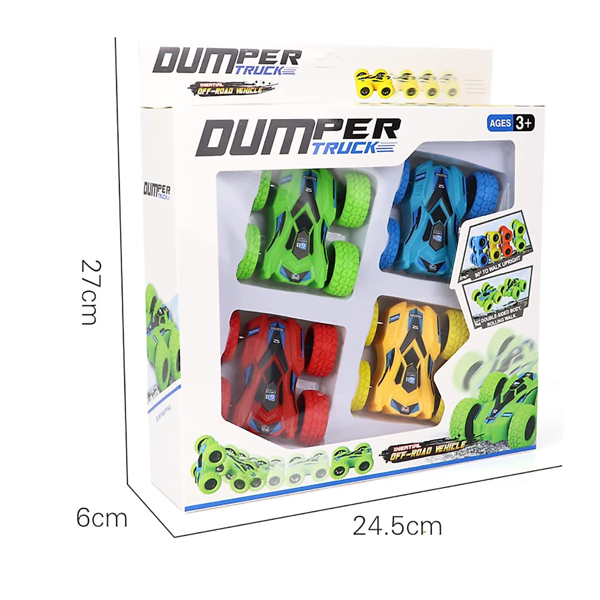 CLeternal Pull Back Cars, 4 Pack Monster Toys Truck Double-Sided Friction Powered Vehicles Flips Shockproof Inertia Cars Push and Go Vehicles for Kids Christmas Party Gift