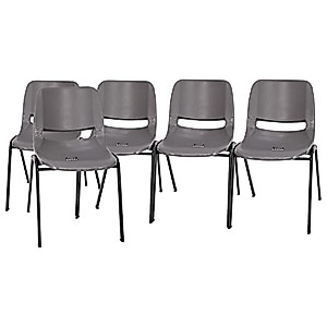 Flash Furniture Hercules Series 661 lb. Capacity Ergonomic Shell Stack Chairs 16'' Seat Height, 5 Pack, Gray Plastic/Black Frame