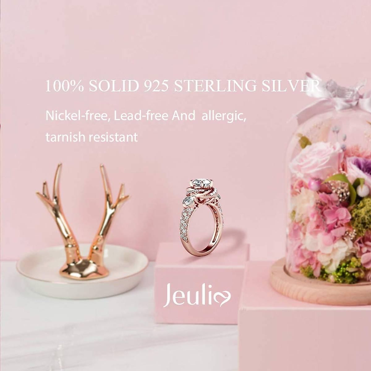 Jeulia 3ct Halo Simulated Diamond Engagement Rings 925 Sterling Silver Rose Gold Plated Eternity Band Rings Cubic Zirconia Anniversary Promise with Jewelry Gift Box