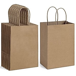 Poever Brown Paper Bags with Handles 5.25x3.75x8 Kraft Paper Bags 50 PCS, Small Gift Bags Shopping Bags Party Bags Goody Bags Grocery Bags Recyclable for Birthday Takeouts