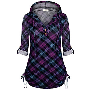 Cyanstyle Women's Long Sleeve Henley V-Neck Button Sweatshirt Tunic Hoodies Casual Pullover with Drawstring Purple Plaid Medium