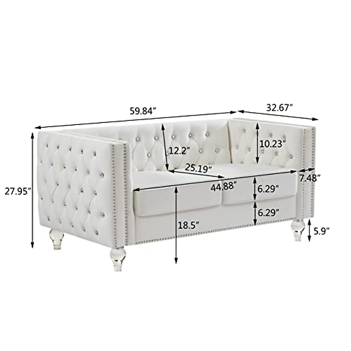 Melpomene Upholstered 60" Velvet Button Tufted Loveseat Sofa with Acrylic Legs,Luxury Chesterfield Sofa with 2 Pillows and Nailhead Trim Square Arms,Beige