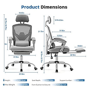 Ergonomic High Back Office Chair with Lumbar Pillow and Retractable Footrest, Mesh Office Chair with Padded Armrests and Adjustable Headrest, Swivel Rolling Chair, Height Adjustable