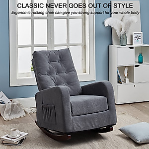 Dolonm Rocking Chair Modern Glider Chair for Baby Nursery Upholstered Velvet Rocker Tufted Button High Back Accent Armchair for Living Room, Bedroom, Office (Antique Gray)