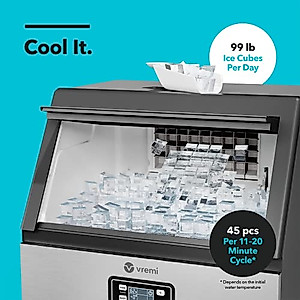 Vremi Commercial Grade Ice Maker - Produces 100 Pounds of Ice in 24 Hrs with 29 Pounds Storage Bin - Stainless Steel, Freestanding Automatic Clear Cube Ice Making Machine Perfect for Home or Business