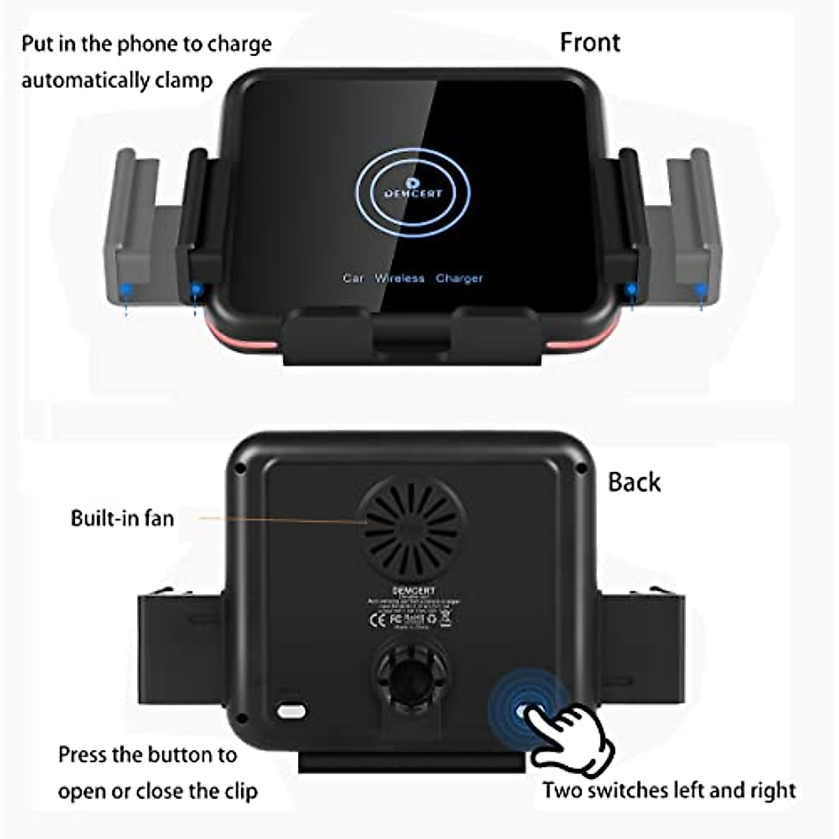 DEMCERT Support Portrait Unfold Charging for Z Fold 3 Car Mount, Wireless Car Charger Compatible for Samsung Galaxy Z Fold 3 Z Fold 4 Auto Clamping Fast Charging Holder with Cooling Fan