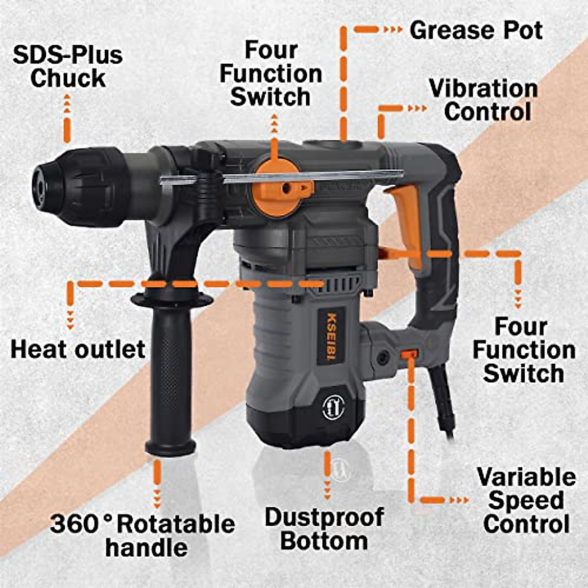 KSEIBI Variable Speed Rotary Hammer Drill 1-1/4 inch, SDS Plus Demolition Hammer for Concrete Drill 13Amp, 4 Functions Reduced Vibration System