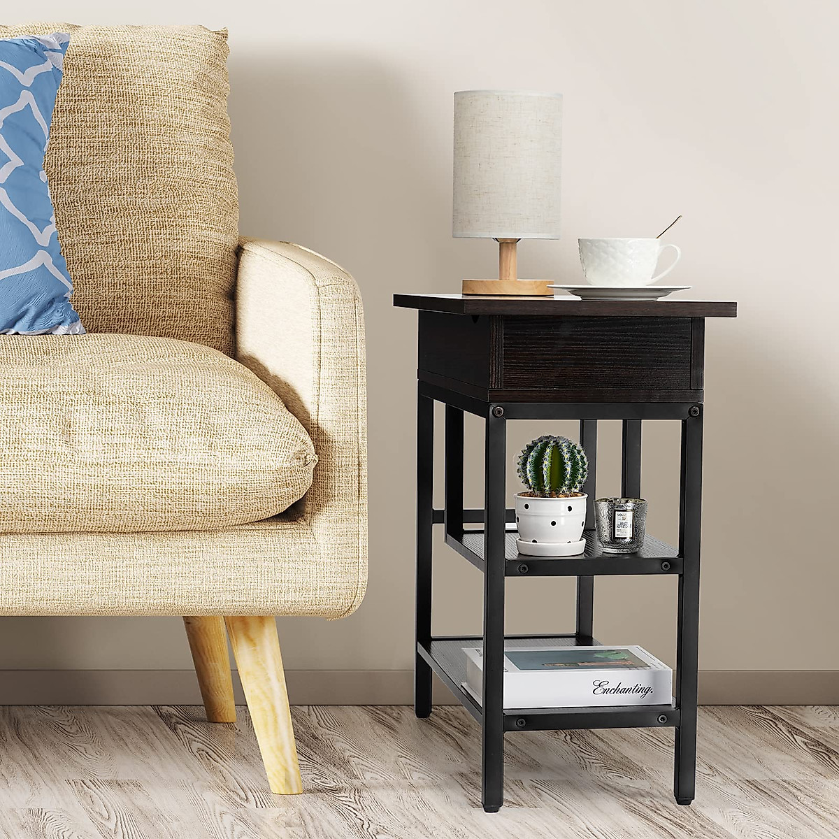 Hadulcet Side Table with USB Ports and Outlets, Narrow Sofa End Table with Storage Shelf for Small Spaces, Nightstand with Charging Station Bedside Table for Living Room, Black Walnut