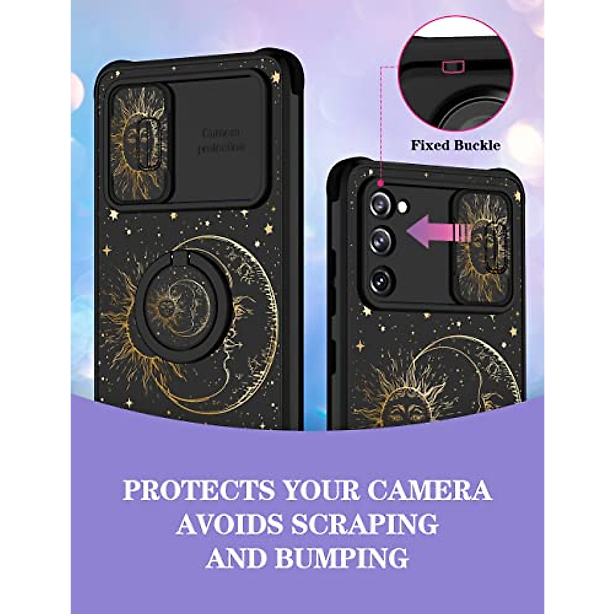 Goocrux (2in1 for Samsung Galaxy S20 FE 5G Case Sun and Moon for Women Girls Cute Stars Space Phone Cover with Slide Camera Cover+Ring Holder Fashion Golden Print Design Cases for S20FE 6.5''