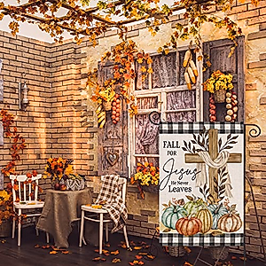 Thanksgiving Cross Garden Flag 12x18 Double Sided,Religious Cross Fall for Jesus Buffalo Plaid with Pumpkins Small Yard Flags for Outside,Seasonal Flags for Autumn Holiday Farmhouse Outdoor