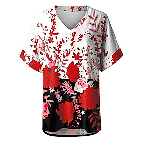 Bravetoshop T Shirt for Women Summer V Neck Short Sleeve Printed Casual Loose Fit Blouse Tops (Red,M)