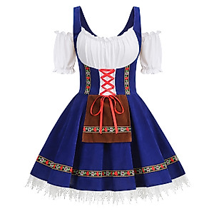 Colorful House Women's Oktoberfest Costume Adult Off-Shoulder Beer Maid Costume for Bavarian Carnival(Blue, Large)