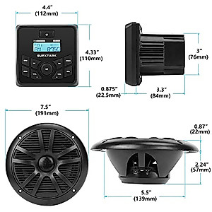Marine Stereo Bluetooth Radio Player with 2 x 6.5 Speaker Black