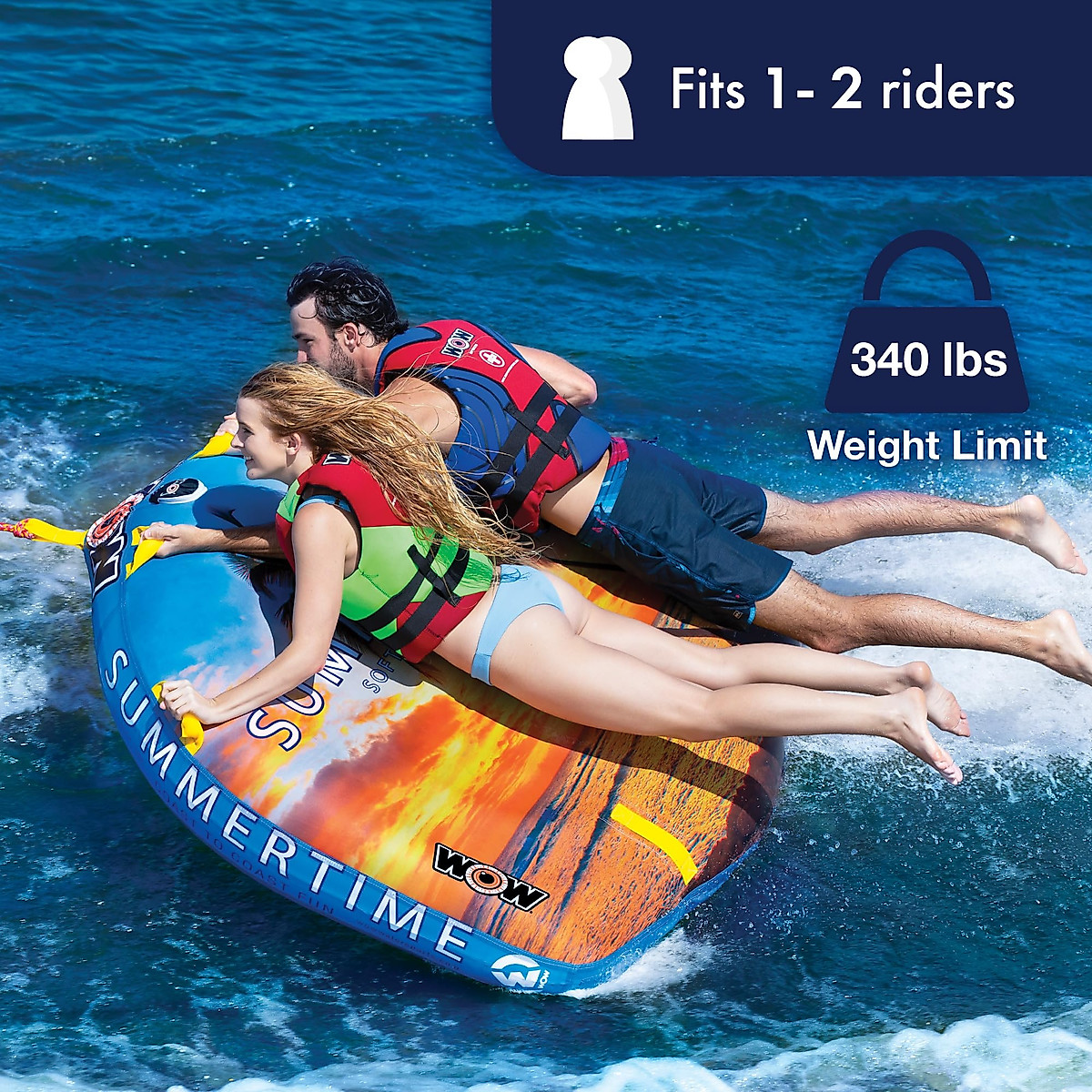 WOW Sports - Summer Time Soft Top Deck Tube - 2 person Inflatable Boating Accessory - Fits Kids & Adults
