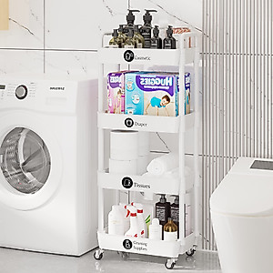 Laiensia 4-Tier Storage Cart,Multifunction Utility Rolling Cart Kitchen Storage Organizer,Mobile Shelving Unit Cart with Lockable Wheels for Bathroom,Laundry,Living Room,With Classified Stickers,White