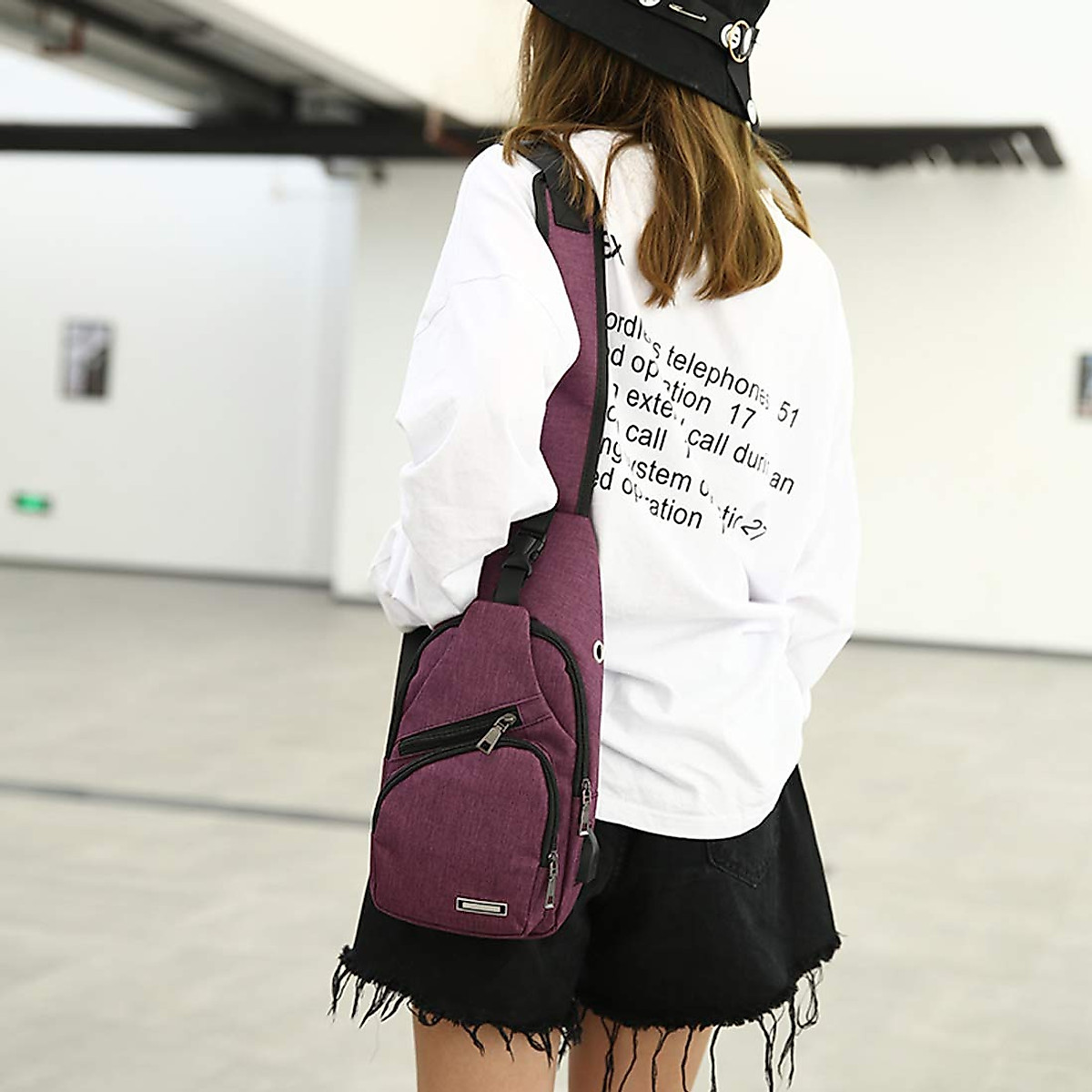 Men's Women's Sling Chest Shoulder Bag Outdoor Travel Crossbody Backpack with USB Charging Port Rose Red