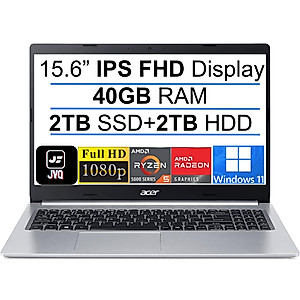 acer Newest Aspire 5 Slim 15.6" FHD IPS Laptop, AMD 6-Core Ryzen 5 5500U(Up to 4GHz,Beat i7-1165g7), 40GB DDR4 RAM, 2TB SSD+2TB HDD, WiFi 6, Webcam, Backlit Keyboard, USB-C, HDMI, Windows 11+JVQ MP