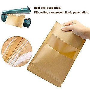 Muka 100 PCS Kraft Heat Sealable Stand Up Pouch Bags w/Handle Reusable Food Pouches Bags, 9.3"W x 13.8"H x 4"D, 7 mil