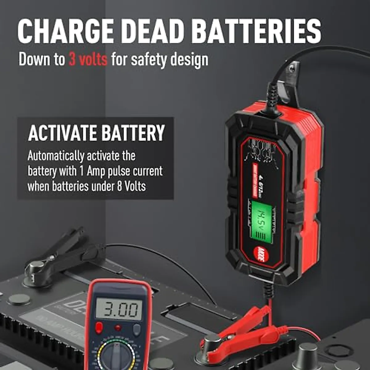 Sailvono 4A Battery Charger, 6V and 12V Smart Trickle Charger, 10-Stages 14.6 Volt LiFePO4 Automatic Battery Maintainer with Supply Mode for Motorcycle Car Lawn Mower Boat Marine Lead Acid Batteries