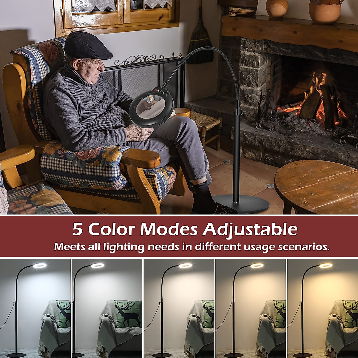 Veemagni 5X Stand Magnifying Glass with Light, 24" Flexible Gooseneck 5 Color Modes Stepless Dimmable Magnifying Floor Lamp, 3-in-1 Adjustable Lighted Magnifier Hands Free for Close Work, Esthetican