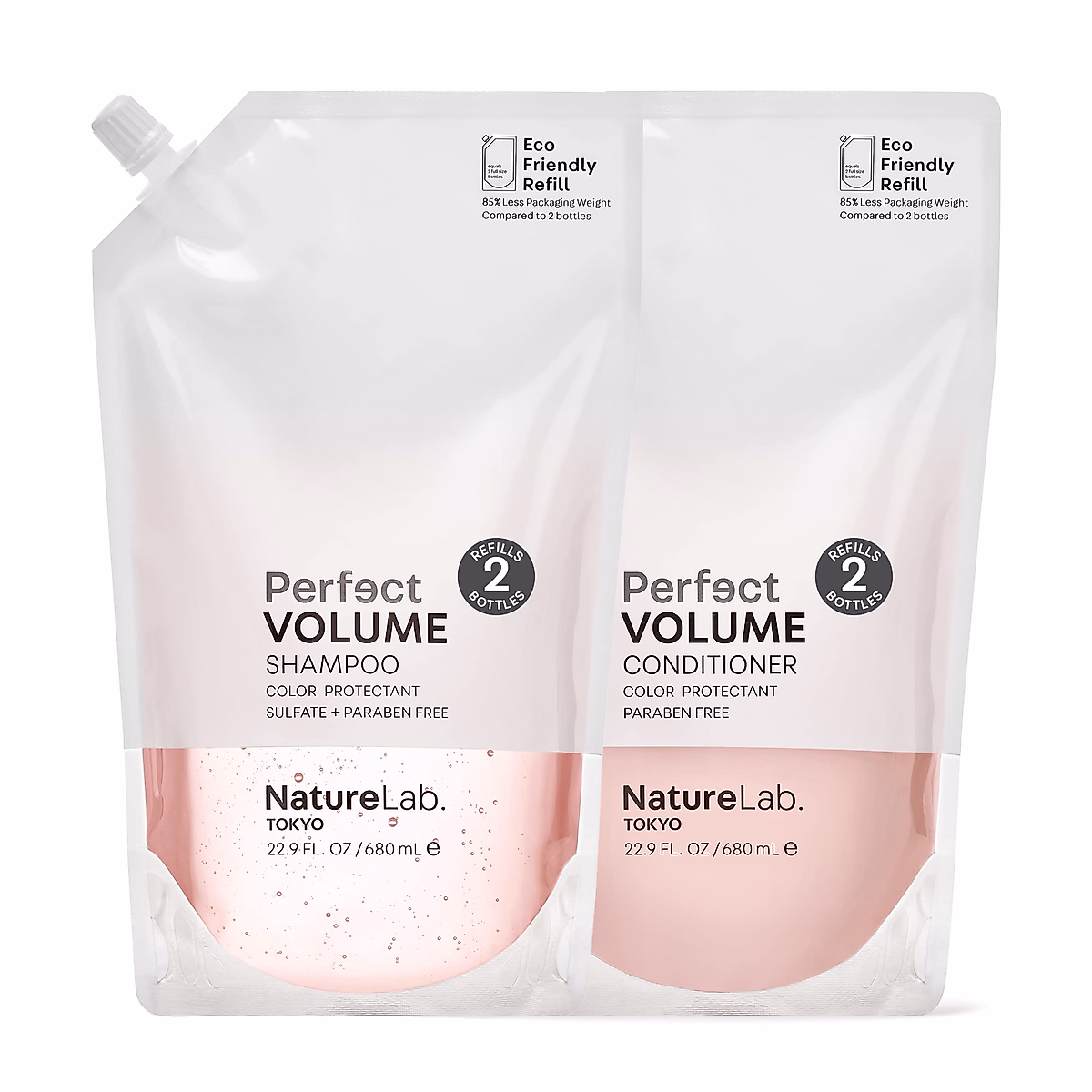 NATURELAB. TOKYO Perfect Volume Shampoo & Conditioner: Eco-Friendly Refill Pouch Duo: Hair Volumizer, Build Lift, and Body to Flat, Fine, or Limp Hair I 22.9 FL OZ Each
