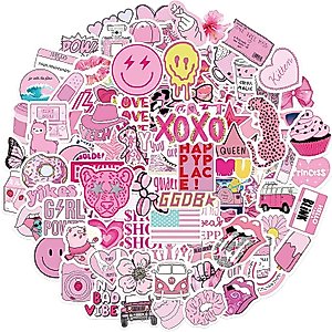 102 Pcs Preppy Stickers Vinyl Aesthetic Waterproof Stickers Adorable Decor Supplies Pink Party Suitable for Mobile Phone Computer Skateboard Water Bottle Suitcase Car etc