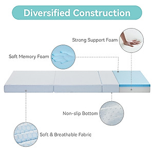 Hush Hutting Folding Mattress, 4 inch Memory Form Portable Trifold Mattress Topper with Washable Cover, Non-Slip Bottom Camping Guest Bed, Play Mat, Single Size - 75"x25"x4"