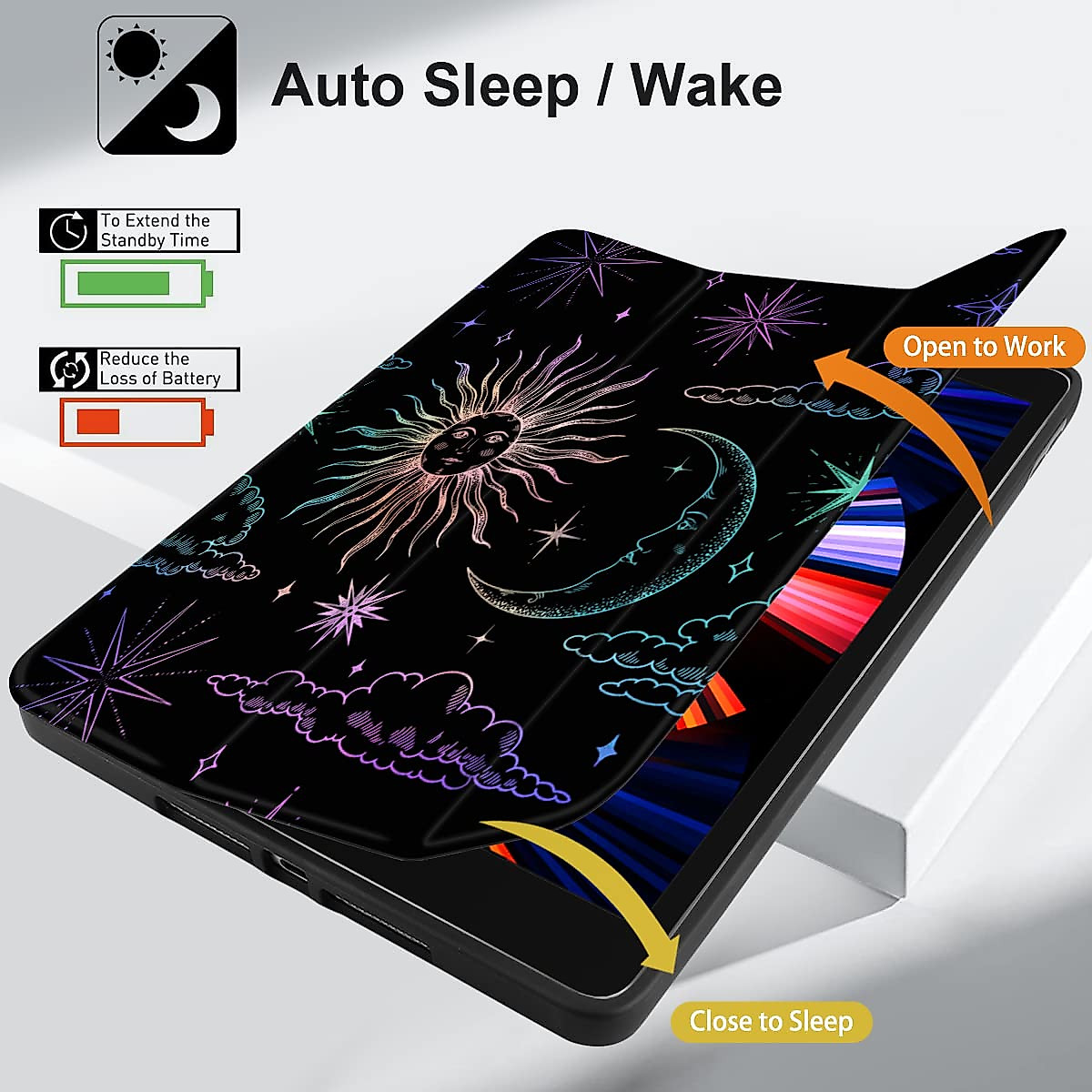 DONGKE Case Compatible with iPad 10.2 Inch 2021 2020 2019 iPad 9th/8th/7th Generation with Pencil Holder, Slim Stand Protective Case with Soft TPU Back, Auto Sleep/Wake Cover, Sun & Moon