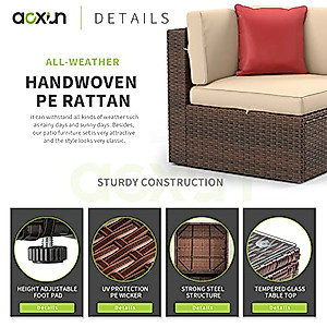 Aoxun 8PCS Patio Furniture Set with 44" Fire Pit Table Outdoor Sectional Sofa Set Wicker Furniture Set with Coffee Table, Brown Wicker