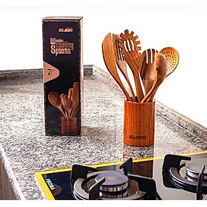 Teak 12" inch wooden spoons for cooking and serving - 7 pcs utensil set for all pots and skillet types HAS soup ladle, spaghetti scoop, strainer, solid spatula, fork, slotted spatula, holding jar