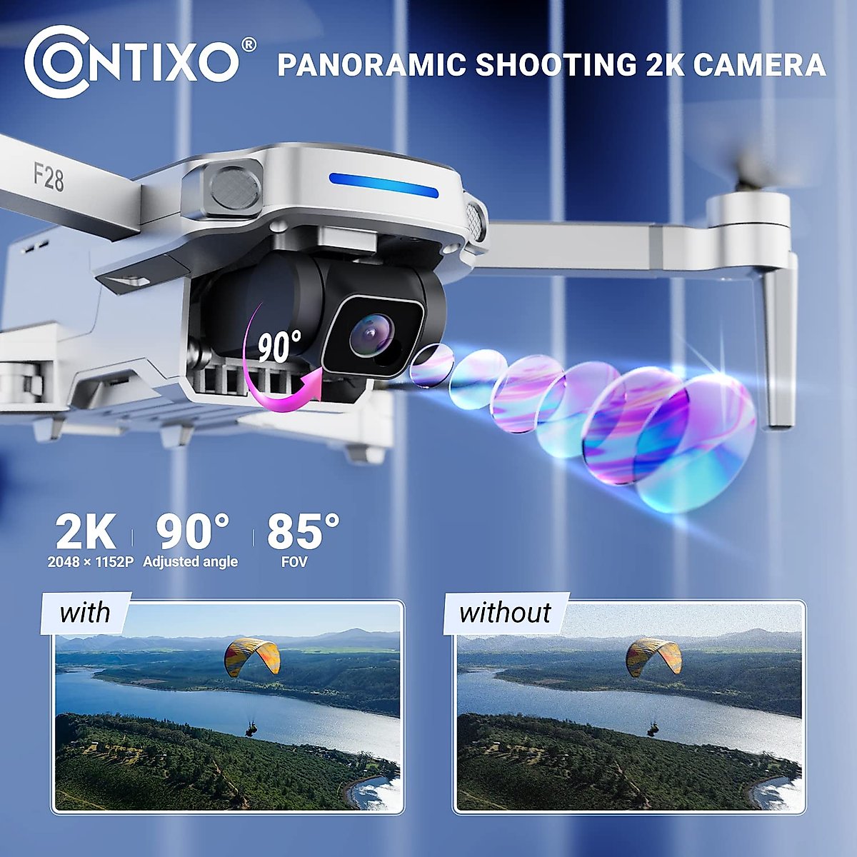 Contixo F28 Foldable GPS Drone - 2K FHD Camera GPS Control and Selfie Mode Follow Me, Way Point, & Orbit Mode Up to 60 Min Flight Time FPV Drone for Mobile With Carrying Case 64GB SD Card