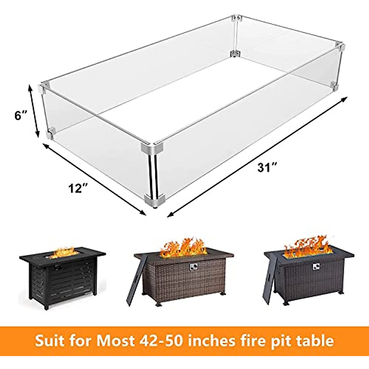 Grisun Fire Pit Glass Wind Guard - 31 x 12 x 6 inch, Thick Rectangular Heat-Resistant Tempered Glass Guard with Hard Aluminum Corner Bracket and Feet for Propane, Gas, Outdoor