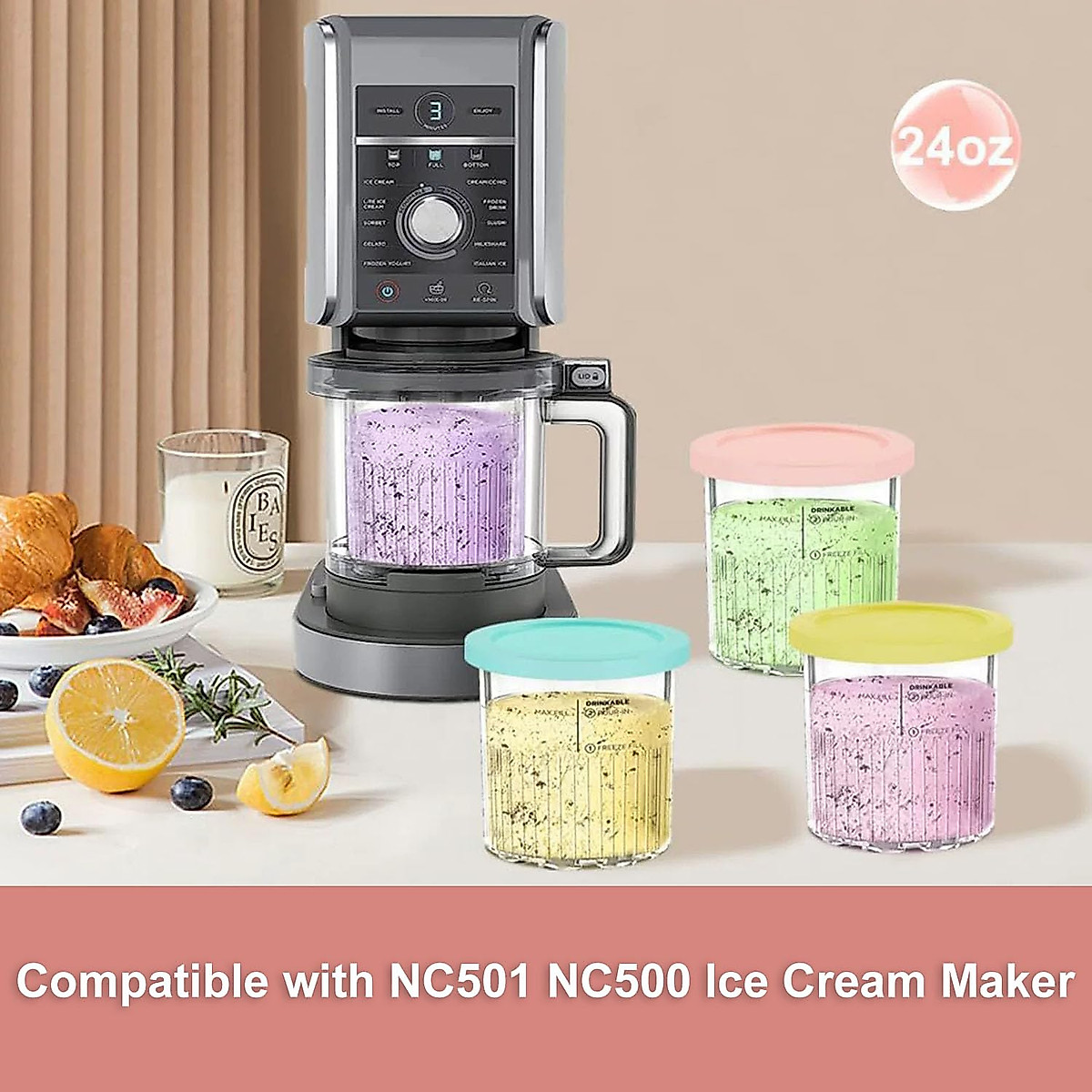 AFINSEA 4 Pack Creami Deluxe Pints and Lids,Extra Delux Pint Containers Compatible with Ninja Creamy NC500, NC501, CN501CO Series Ice Cream Machines, 24 OZ Creami Deluxe