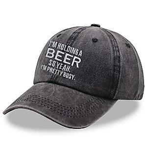 I'm Holding A So Yeah I'm Pretty Busy Hat, Funny Gag Gifts, Embroidered Distressed Adjustable Denim Baseball Cap for Women Men (Embroidered Black, One Size)