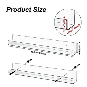 Jetec Acrylic Floating Display Shelves Clear Wall Bookshelf for Kids Acrylic Wall Display Shelves Book Shelf for Room Picture Display Storage,15 x 1.7 x 2 Inches(Transparent,12 Pcs)
