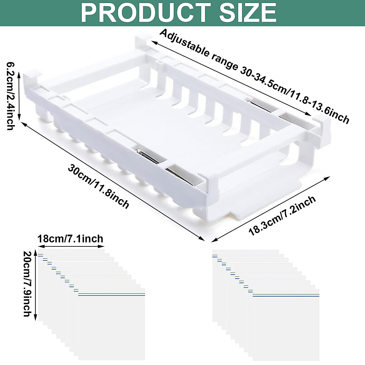 SZHTSWU Refrigerator Ziplock Bag Storage Rail Rack, Hanging Storage Clip Sliding Rail Tray Retractable Fridge Drawer Storage Organizer with 20 Sealed Bags for Fruits Vegetable Food Fresh-Keeping