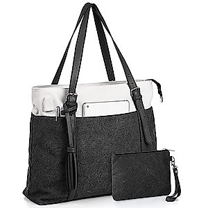 Cute Tote Bags for Women,Lightweight Laptop Bag with Zipper and Pockets for Work Travel College,School Book Bag Handbags,Canvas,Black