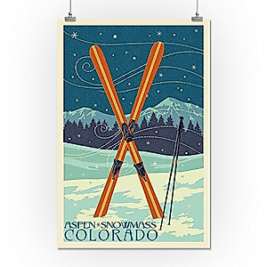 Aspen, Snowmass, Colorado, Crossed Skis Letterpress (16x24 Giclee Gallery Art Print, Vivid Textured Wall Decor)