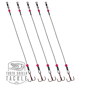 Tooth Shield Tackle Ice Fishing Tip Up Leader/Rig (90 lb) / Ice Fishing Sucker Walleye Pike Musky Predator Rig (5 Pack) [Pink Bead] (Hook Size: 2)
