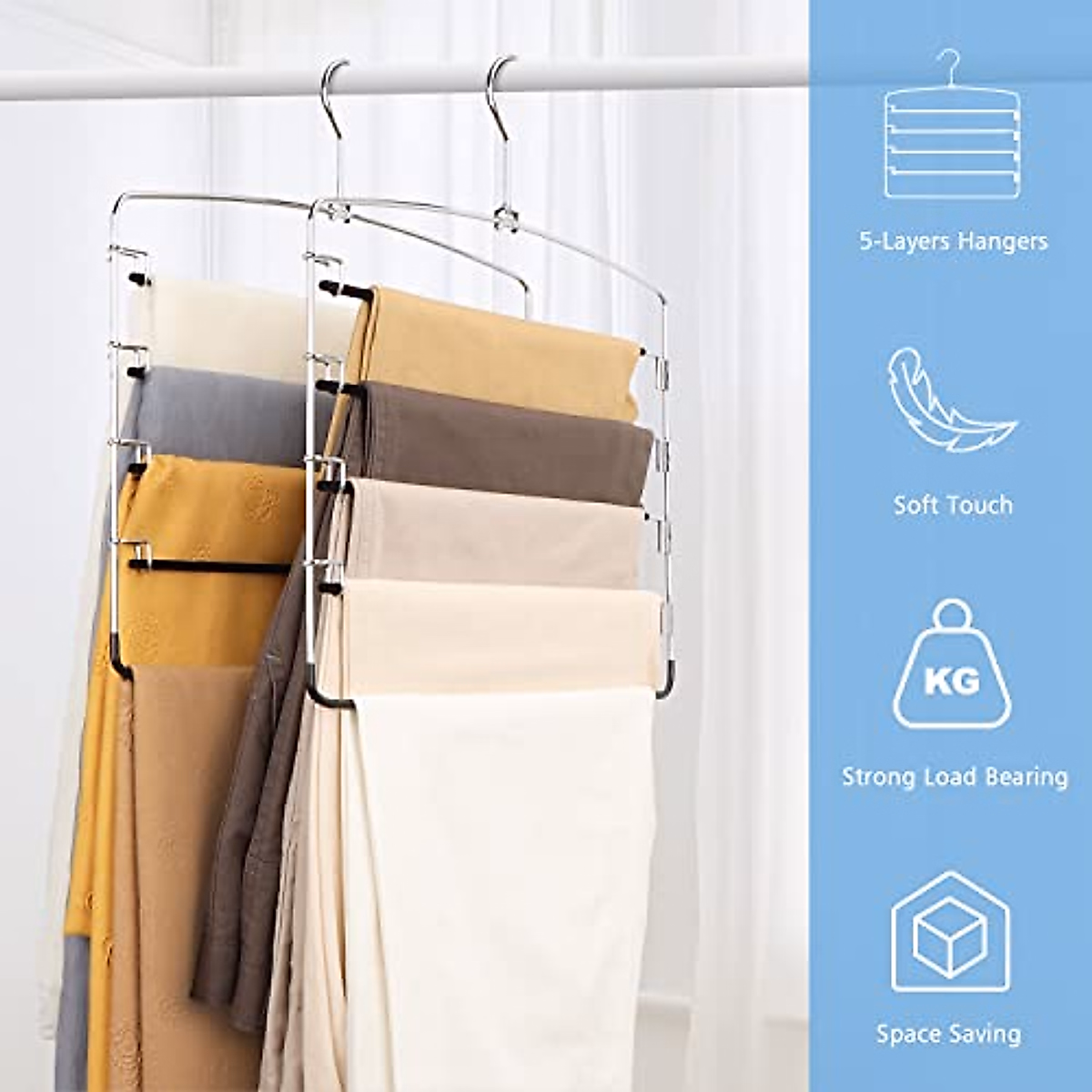 Hangers Space Saving Pants Hanger 2 Packs Non-Slip Stainless Steel Velvet Clothes Hanger, Pant Hangers Space Saving Trousers Scarves Ties Hanger Closet Storage Organizer