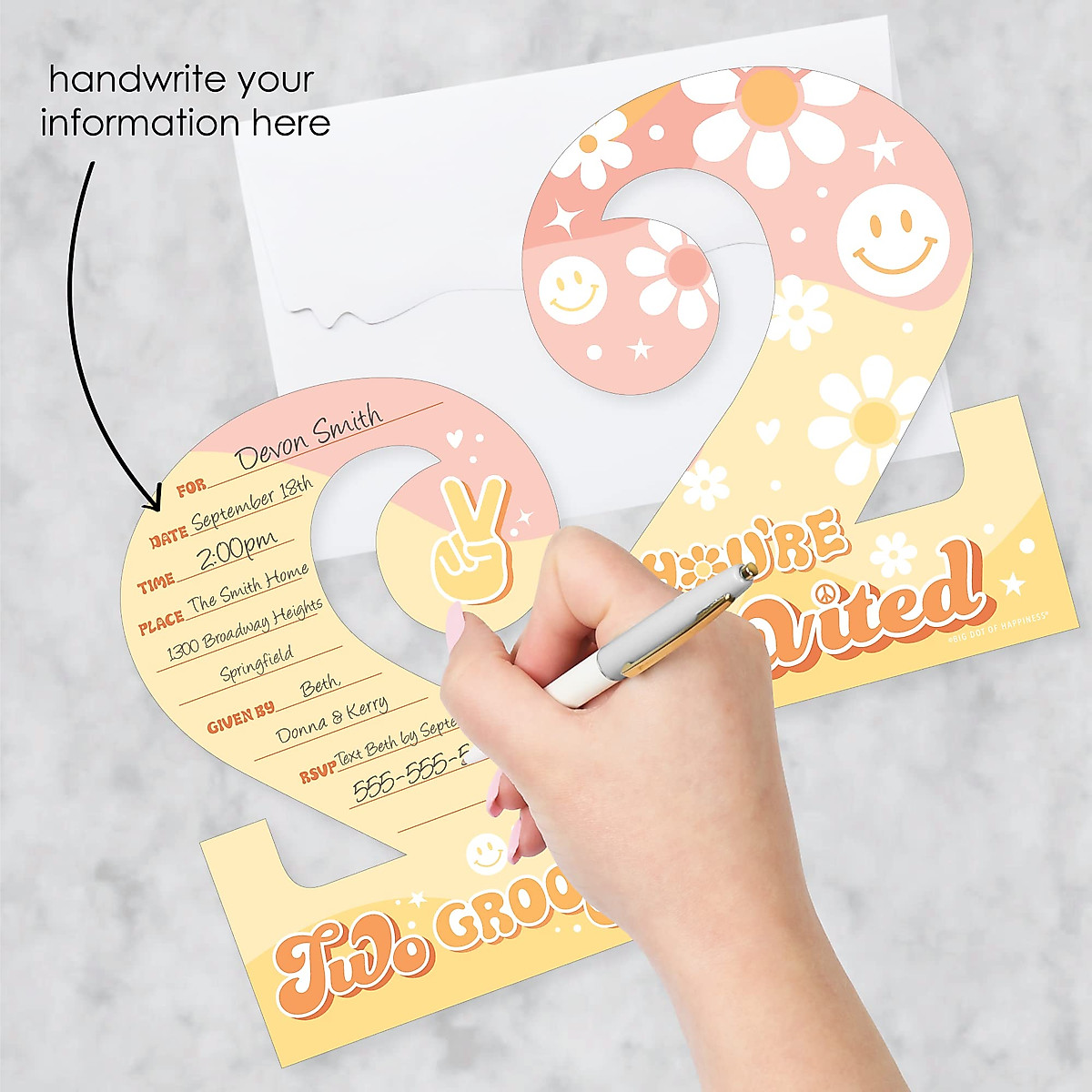 Big Dot of Happiness Two Groovy - Shaped Fill-In Invitations - Boho Hippie Second Birthday Party Invitation Cards with Envelopes - Set of 12
