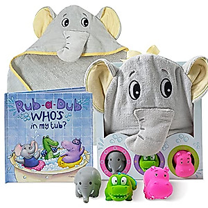 Tickle & Main Rub-a-Dub Gift Set, 5-Piece Bath Set Includes Elephant Hooded Towel, 3 Jungle Safari Squirt Toys, and Book for Boys and Girls!